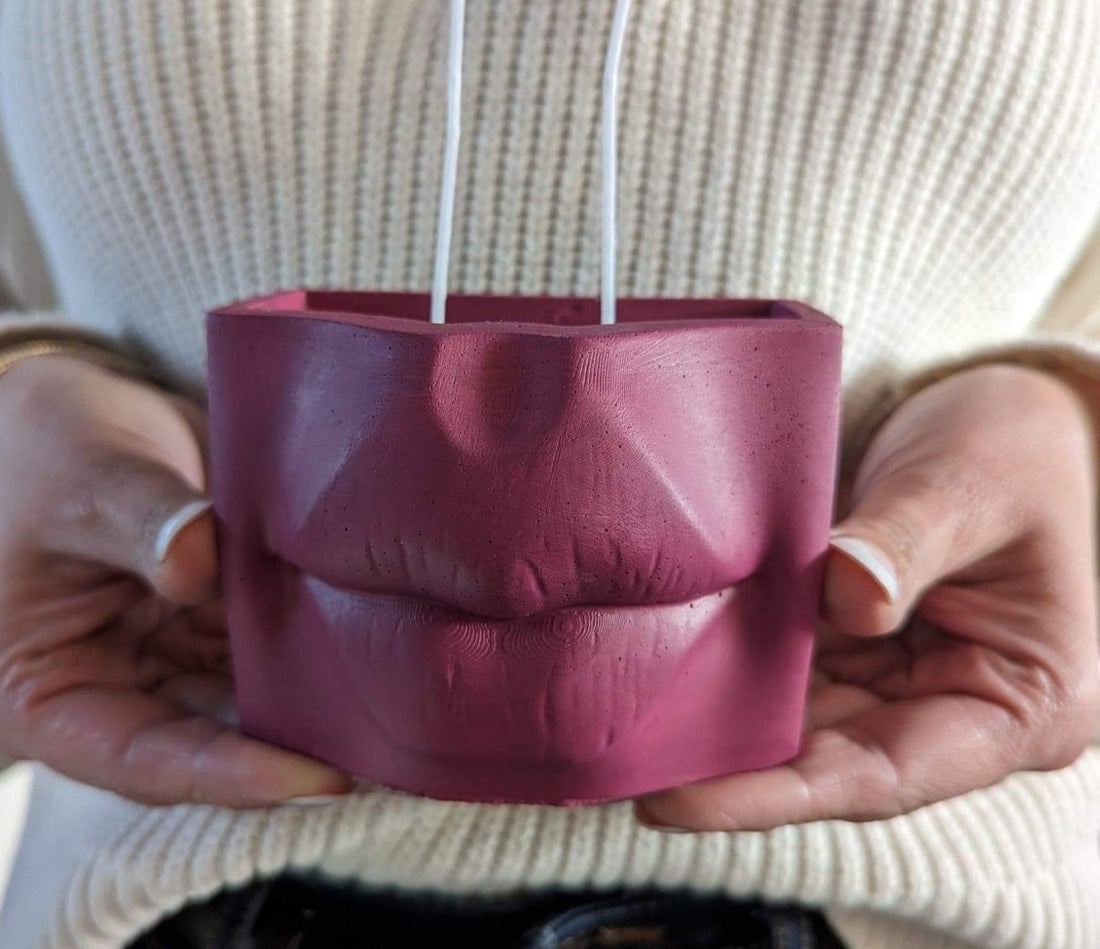 Pout Lip cement vessel with hand poured soy candle